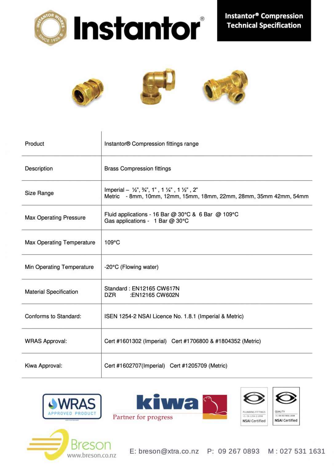 Technical Specifications - Breson Fittings Ltd